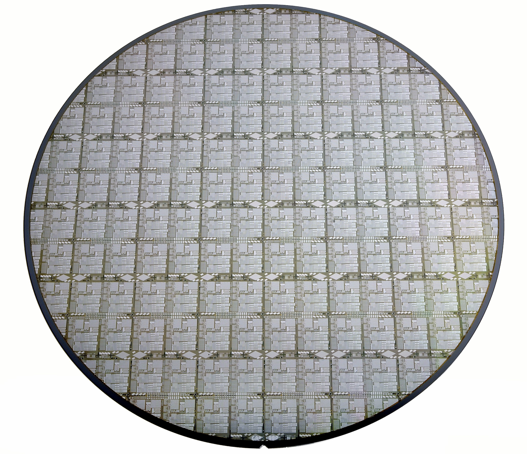 A finished 200-mm-diameter GaN-on-Si wafer.
